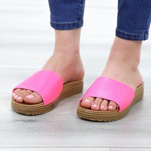 Shoes | Neon Pink Faux Leather Slip On Comfort Sandal | Poshmark